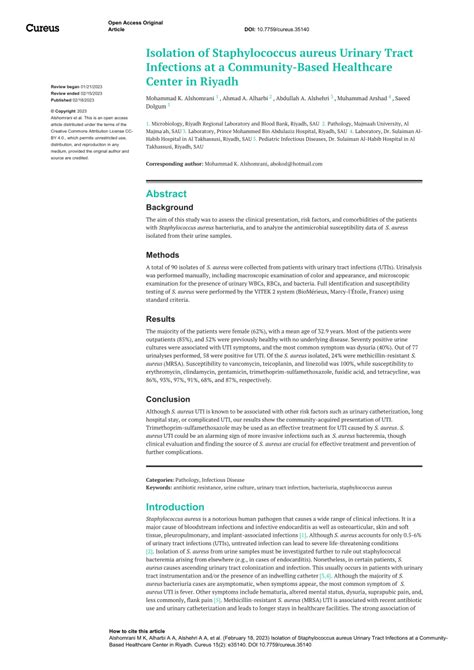 Pdf Isolation Of Staphylococcus Aureus Urinary Tract Infections At A Community Based