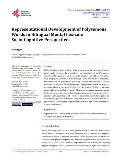 Pdf Representational Development Of Polysemous Words In Bilingual