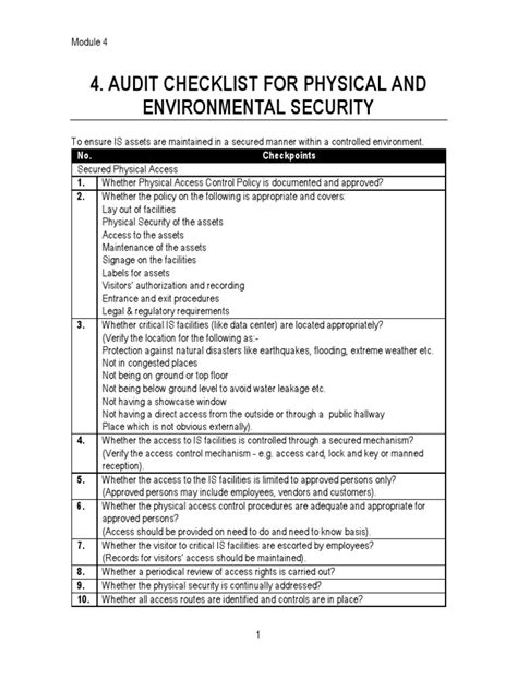 Physical And Environmental Audit Checklist Download Free Pdf