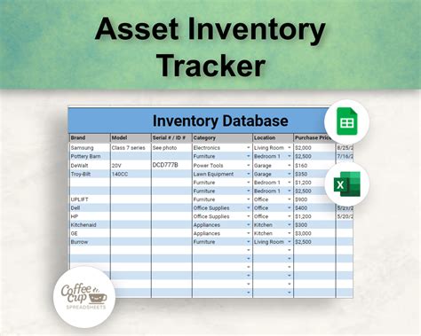 Asset Tracker Excel And Google Sheet Small Business Fixed Assets Listing Printable Asset