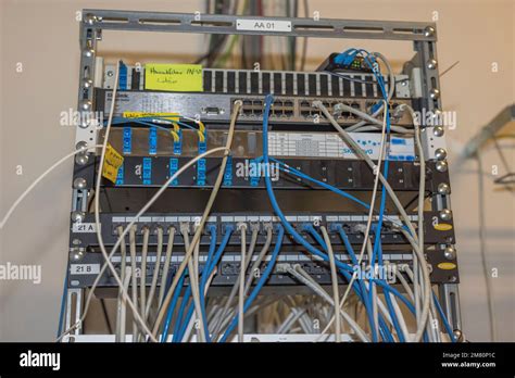 Close Up View Of Technical Computer Room With All Cable Connections Stock Photo Alamy