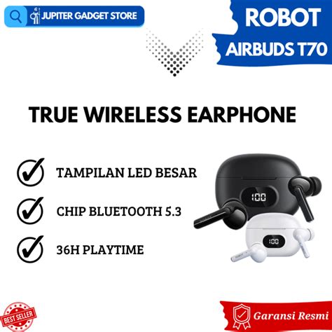 Robot Airbuds T70 Led Wireless Earphone Headset Bluetooth Tws Earbuds Lazada Indonesia