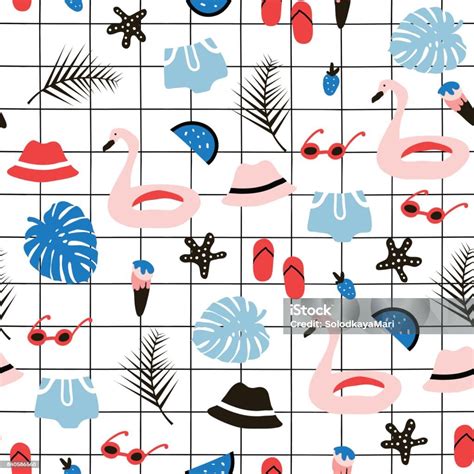 여름 요소와 원활한 패턴입니다 야자수 플라밍고 수영 원 모자 선글라스와 크리에이 티브 벡터 텍스처 Pdca에 대한 스톡 벡터 아트 및 기타 이미지 Istock