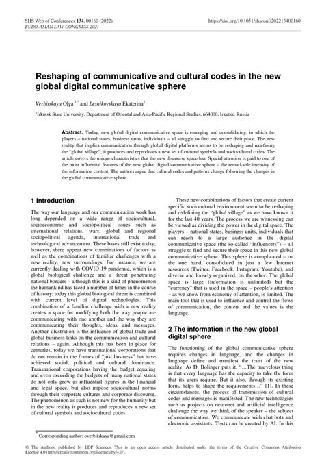 Pdf Reshaping Of Communicative And Cultural Codes In The New Global Digital Communicative Sphere