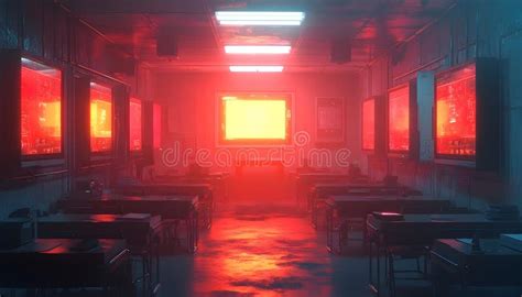 Red Lit Classroom Empty Desks Glowing Screens On Walls Dimly Lit