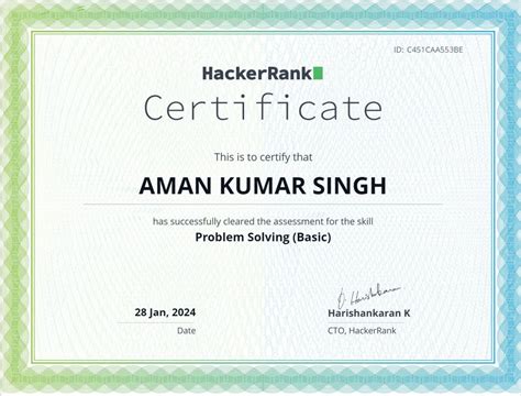 Earned Hackerrank Problem Solving Certificate Aman Kumar Singh Posted On The Topic Linkedin