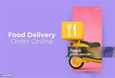 스마트 폰 화면및 배달 스쿠터 또는 그것 유행 미니멀 한 음식 배달 서비스 또는 온라인 음식 주문 응용 프로그램 배너 디자인 템플릿 벡터 일러스트레이션 배달에 대한 스톡