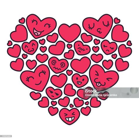 손으로 그린 가와이 이 그림 이모티콘 레드 하트 벡터 일러스트 레이션입니다 어머니의 날 결혼식 발렌타인 데이 인사말 엽서 요소 흰색 배경에 격리된 낙서 그림입니다 낮에 대한