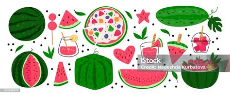 만화 밝은 수박입니다 열대 육즙 과일 건강한 청량 음료 칵테일 잔 다이어트 디저트 천연 간식 다른 음식 조각 베리 모양 아이스크림 화려한 벡터 세트 개체 그룹에 대한 스톡