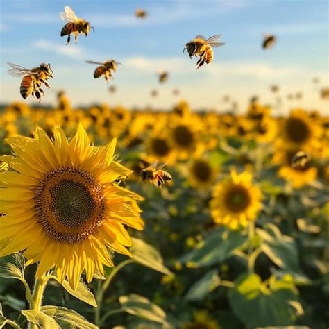 Free Bees Hovering Sunflowers Image Bees Sunflowers Sunset