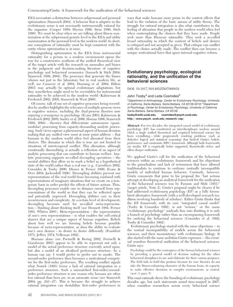Pdf Evolutionary Psychology Ecological Rationality And The Unification Of The Behavioral