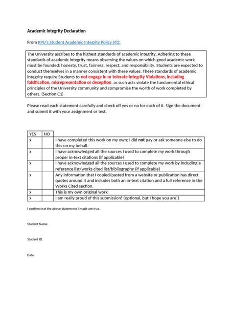 Academic Integrity Declaration Pdf