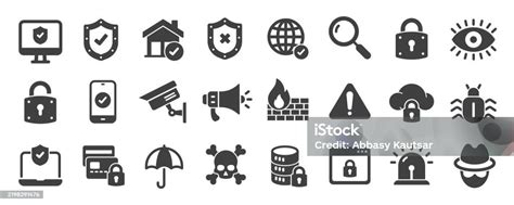 보안 글리프 솔리드 아이콘 컬렉션입니다 콘텐츠 안전 보호 보안 사이버 보안을 포함합니다 최소한의 아이콘과 상징 시리즈 벡터 일러스트 레이 션 Vpn에 대한 스톡 벡터 아트
