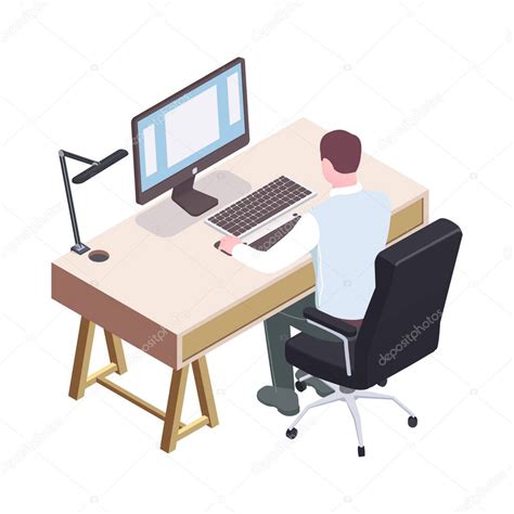 Isometric Male Office Employee Working Computer Back View Vector Illustration ©macrovector