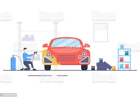 장비가있는 자동차 페인팅 기계는 평면 벡터 일러스트레이션에서 새로운 색상을 제공하기 위해 차량 본체에 페인트 에어 브러시 또는