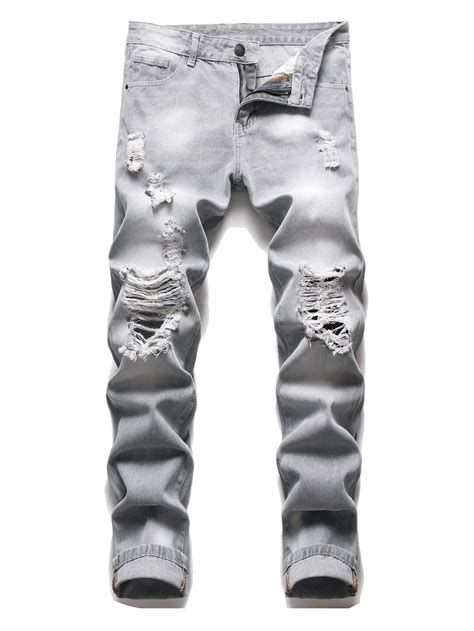 Botão Bolso Rasgado Zíper Simples Jeans Masculina Calças De Ganga