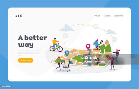 Gps Navigation Landing Page Template Tiny Characters At Huge Location Map People Use Online