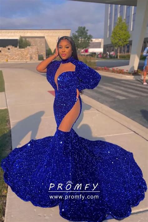 Blue Sequin Cutout Mermaid African American Prom Dress Promfy