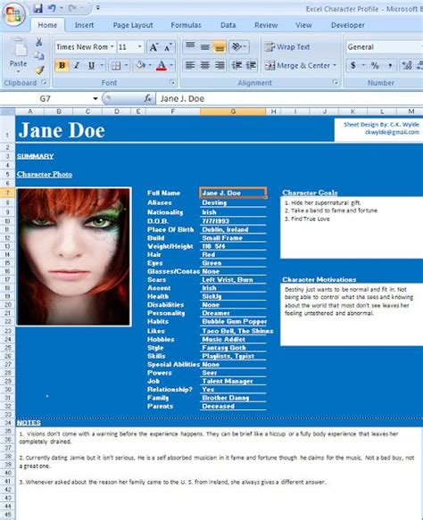 Ck Wylde Tools For Writers Excel Character Profile Sheet