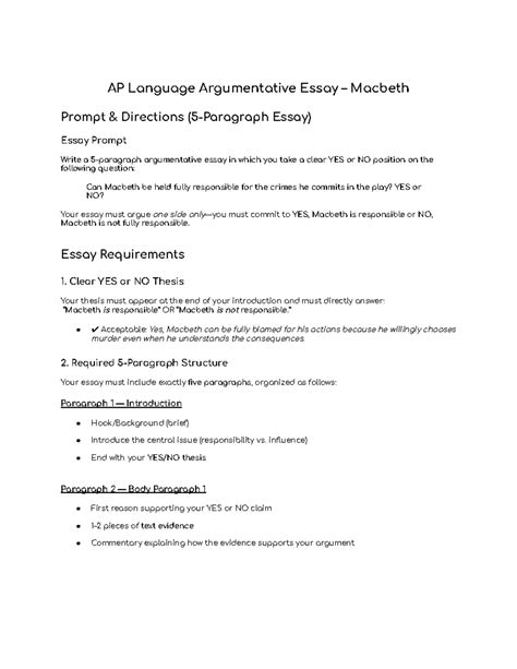 Ap Language Argumentative Essay Macbeths Responsibility Analysis