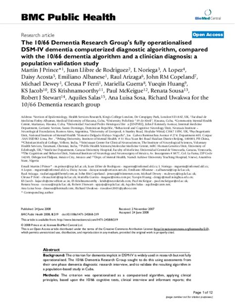 Pdf The 10 66 Dementia Research Groups Fully Operationalised Dsm Iv Dementia Computerized