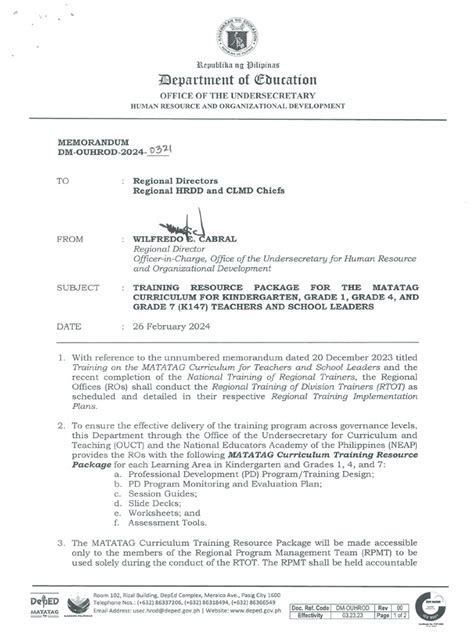 memo training resource package for the matatag curriculum for