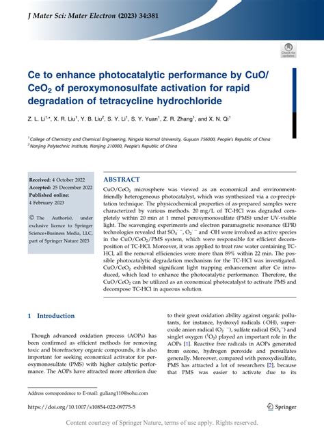 Ce To Enhance Photocatalytic Performance By Cuo Ceo2 Of Peroxymonosulfate Activation For Rapid