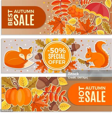 가 판매의 배너입니다 가 잎 다람쥐 여우와 도토리 벡터 일러스트 할인 가로 배너 디자인 10월에 대한 스톡 벡터 아트 및 기타 이미지 Istock