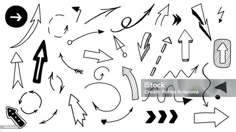 다양한 방향과 움직임을 보여주는 흰색 배경에 손으로 그린 화살표와 낙서 모음 0명에 대한 스톡 벡터 아트 및 기타 이미지 0명 가리키기 개념 Istock