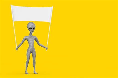 무서운 회색 휴머노이드 외계인 만화 캐릭터 사람 마스코트와 디자인을위한 여유 공간이있는 빈 흰색 빈 배너 3d 렌더링 접시에 대한 스톡 사진 및 기타 이미지 Istock