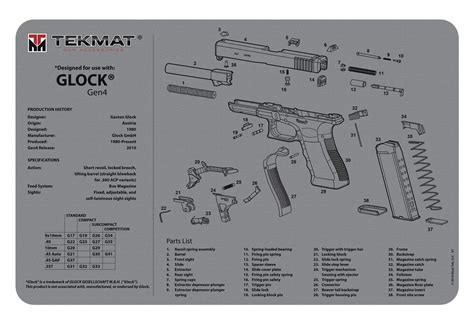 Tekmat Original Cleaning Mat Gray 11x17 With Glock Gen4 Diagram