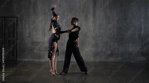 Dance Ballroom Couple In Black Dress In Sensual Pose On Studio Background Professional Dancers