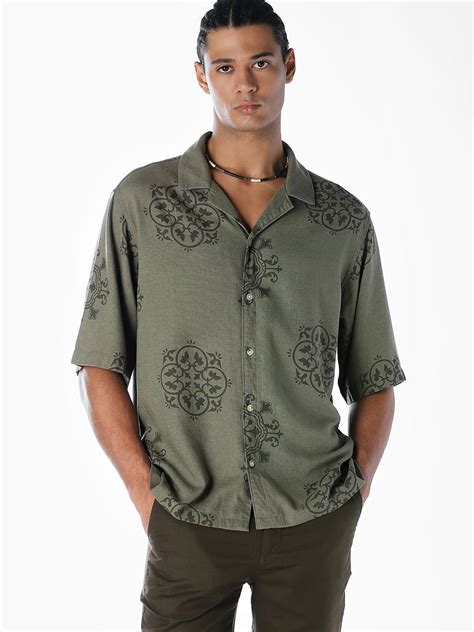 Linen Blend Printed Oversized Shirt Green