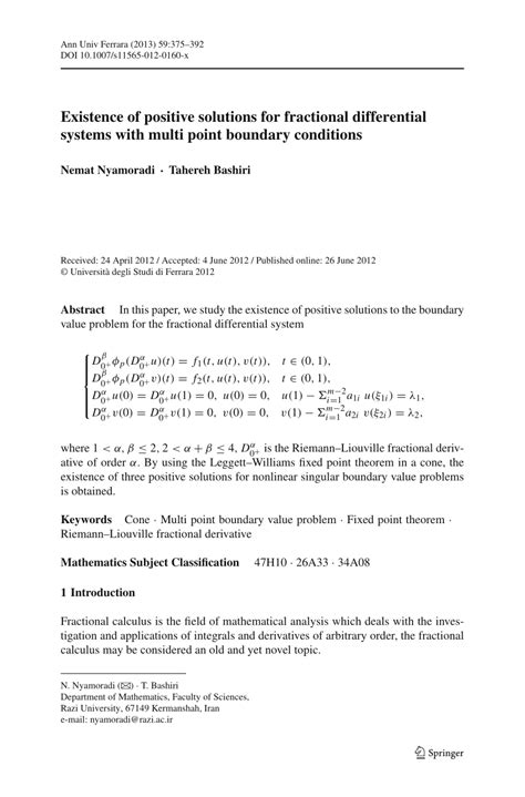Pdf Existence Of Positive Solutions For Fractional Differential Systems With Multi Point