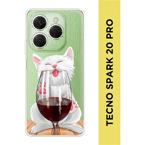 Силиконовый чехол на Tecno Spark 20 Pro Текно Спарк 20 Про Кот с бокалом прозрачный