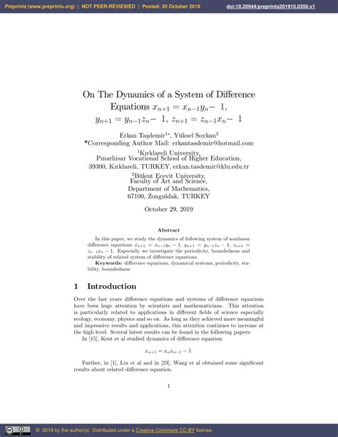pdf on the dynamics of a system of difference equations xn 1 xn 1