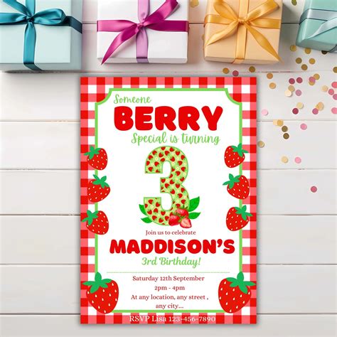 Printable Strawberry 3rd Birthday Invitation Editable Berry Third Girl