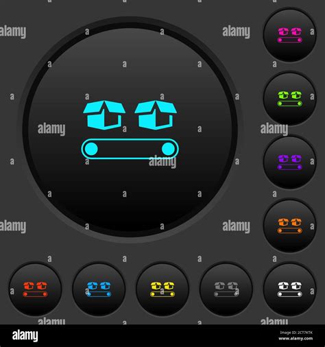 Conveyor With Boxes Dark Push Buttons With Vivid Color Icons On Dark Grey Background Stock