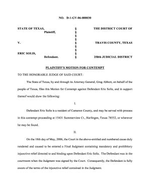 Tx Plaintiffs Motion For Contempt Travis Blank Fillable Template