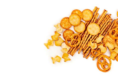 다양 한 소금 크래커 스틱 프레즐 그리고 물고기 파티의 사진 텍스트에 대 한 장소는 흰색 배경 위에서 총 혼합 0명에 대한 스톡 사진 및 기타 이미지 Istock