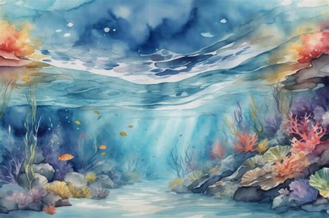 Watercolor Under Water Landscape Under The Sea Watercolor Landscape