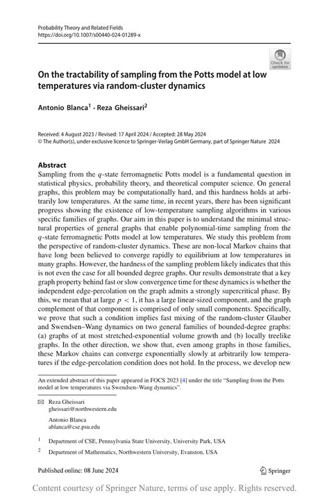 on the tractability of sampling from the potts model at low