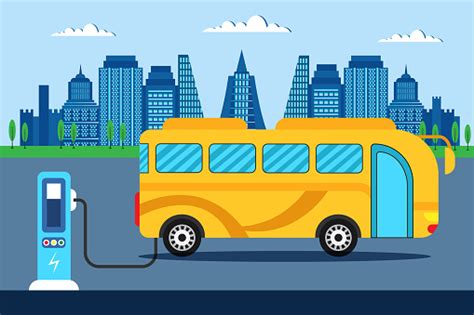 미래 도시에 급유 전원 충전 소에서 노란색 전기 버스 현대 하이브리드 미래 형 차량 기술과 에코 대중 교통 환경 관리 전기 자동차 대체 연료 차량에 대한 스톡 벡터 아트 및