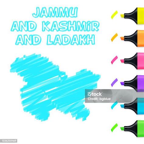 잠무와 카슈미르와 라다크 지도 손은 흰색 배경에 파란색 하이라이터로 그린 국가 지리적 지역에 대한 스톡 벡터 아트 및 기타 이미지 국가 지리적 지역 국경 국제 국경