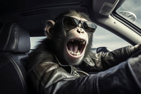 Wygląd Zabawnej Małpy Jeżdżącej Samochodem Darmowe Zdjęcie