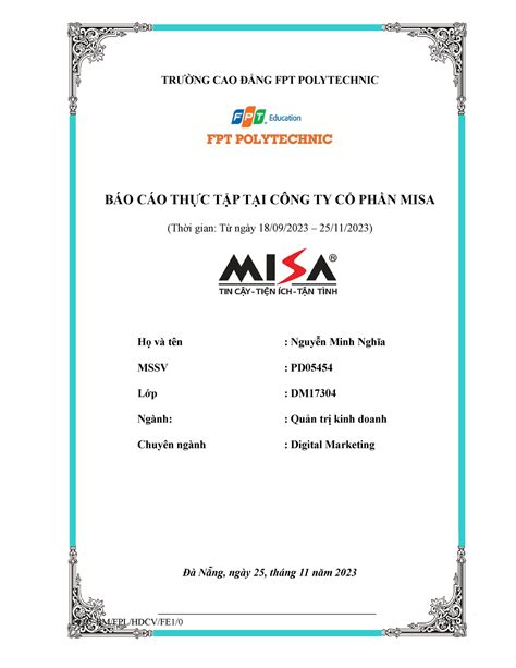 BÁO CÁO THỰC TẬP Nguyễn Minh Nghĩa TRƯỜNG CAO ĐẲNG FPT POLYTECHNIC BÁO CÁO THỰC TẬP TẠI CÔNG