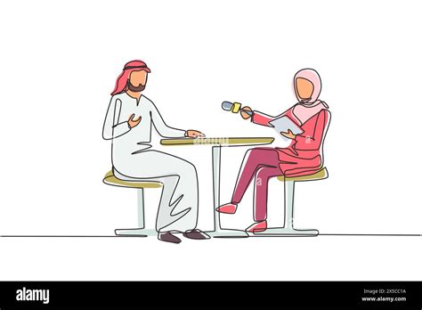 Continuous One Line Drawing Tv Presenter Arabian Woman Interviewing Celebrity Men In Television