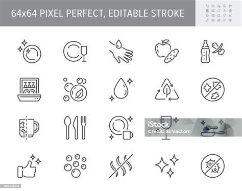 접시 세척 라인 아이콘 벡터 일러스트에는 식기 세척을 위한 아이콘 소독 생분해성 세제 피부 부드러운 식기 세척기 비누 윤곽 그림 이 포함되어 있습니다 64x64 픽셀 완벽한