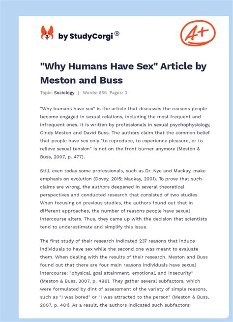Why Humans Have Sex Article By Meston And Buss Free Essay Example