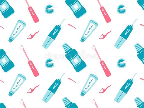 Seamless Pattern With Toothpaste Dental Floss Toothbrush Irrigator Mouthwash Dental Brush